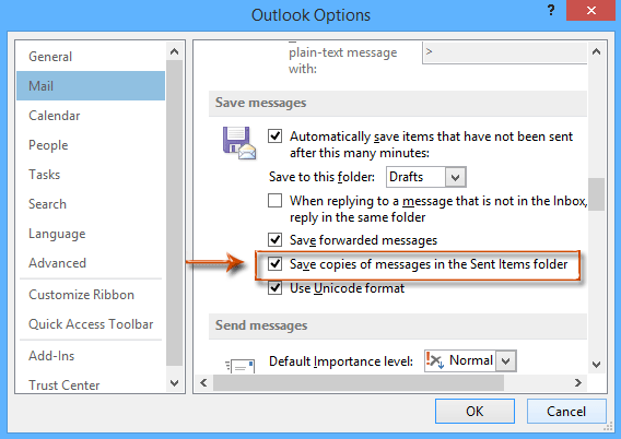 How to do not save copies of all sent items in Outlook?