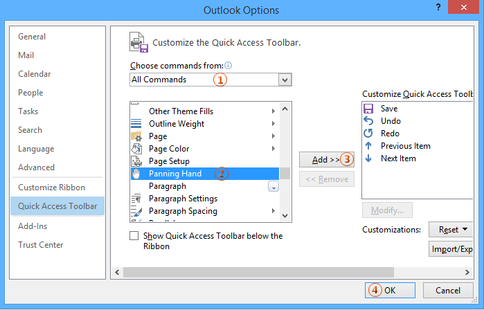 How to enable and disable panning hand in Outlook?