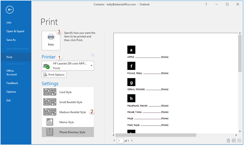 How to print contacts by category in Outlook?