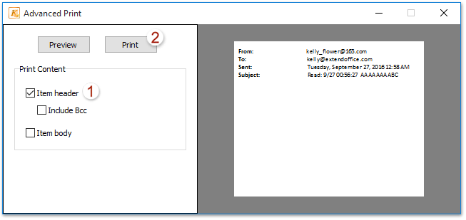 How to only print message header of an email in Outlook?