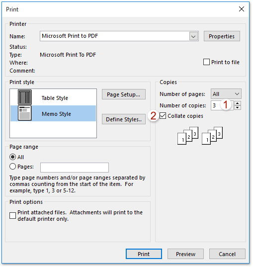 How to print multiple copies of an email with collating in Outlook?