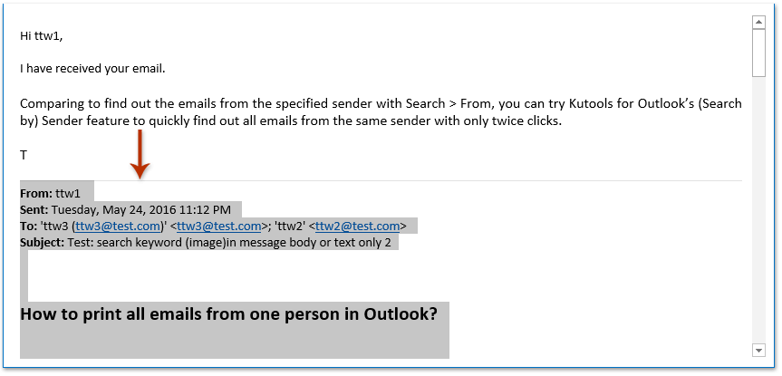 How to print only the latest reply in an email thread in Outlook?
