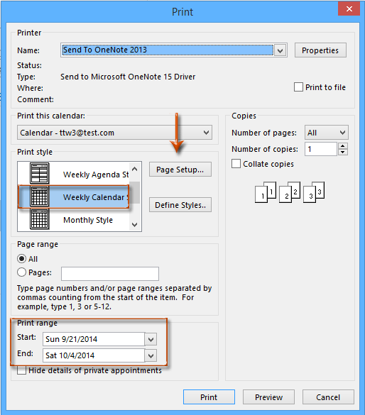 How to print two weeks/months of Calendar per page in Outlook?