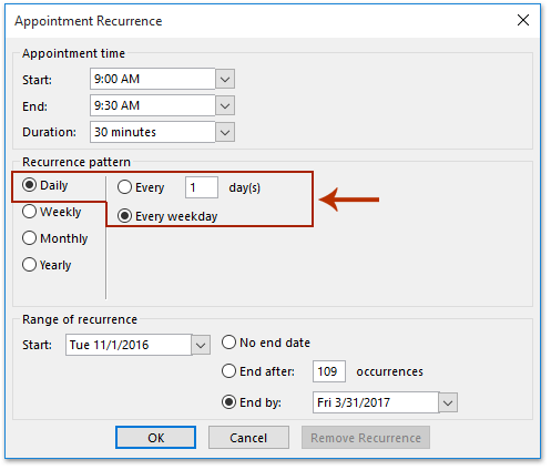 How to create a recurring appointment to occur every weekday in Outlook?