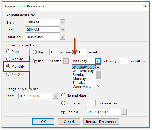 How to create a recurring appointment to occur every weekday in Outlook?