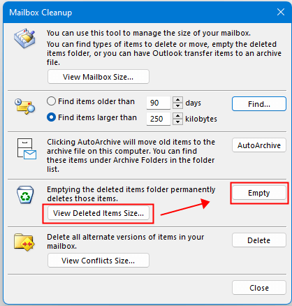 How to reduce mailbox size in Outlook?