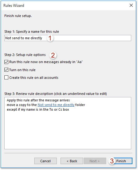 How to set a rule where my name is not in To or Cc field in Outlook?