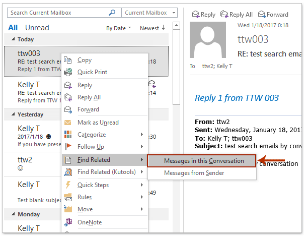 How to search for emails by conversation in Outlook?