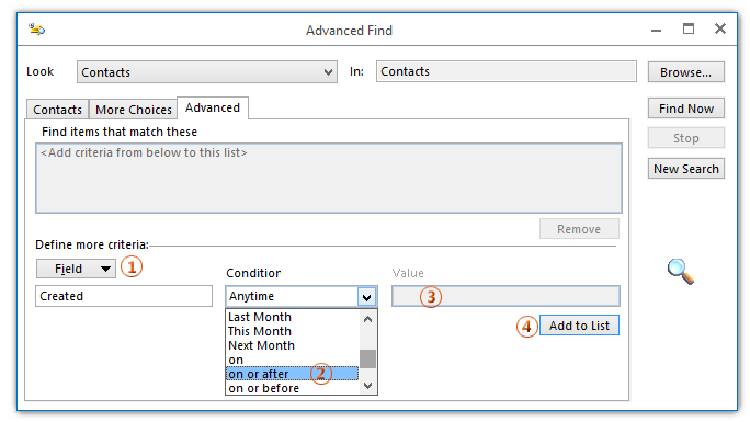 How to search contacts by date added in Outlook?