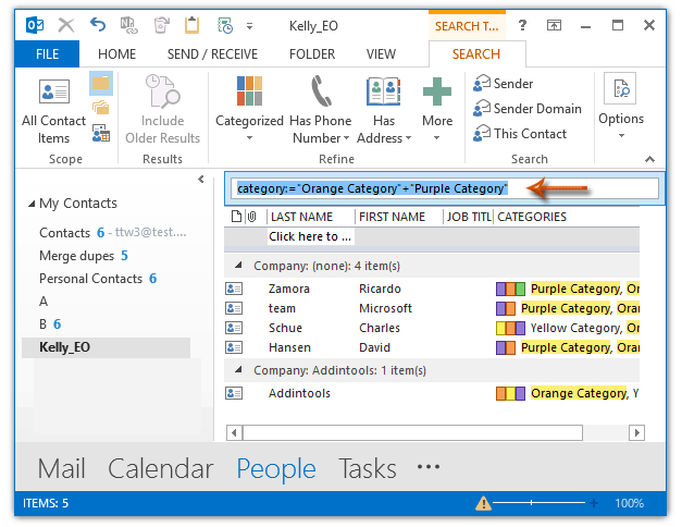 How to search contacts by category in Outlook?