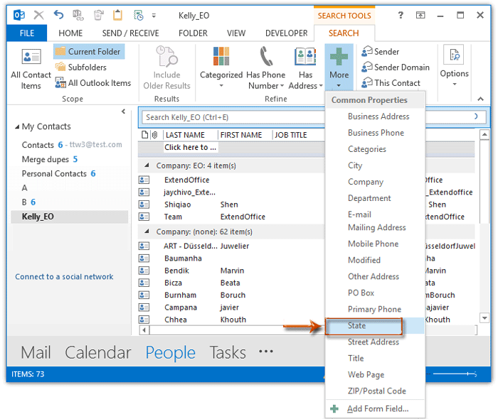 How to search contacts by state in Outlook?