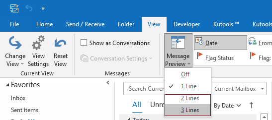 How to display more lines of preview in the mail list in Outlook?