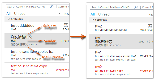 How to show subject above/below sender in mail list in Outlook?