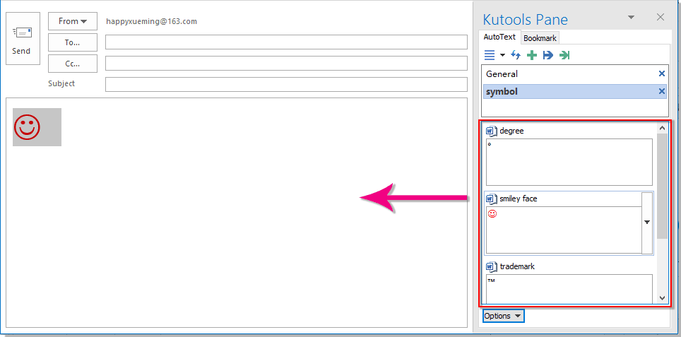 Outlook: insert symbols of degree, trademark, emotions, and euro