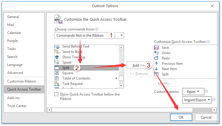 How to split the Message window in Outlook?