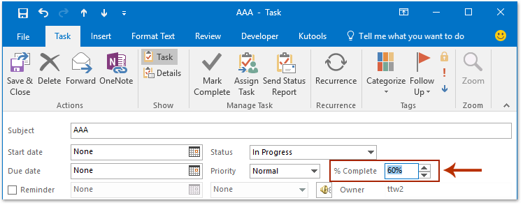 How to change the percentage completed of tasks in Outlook?