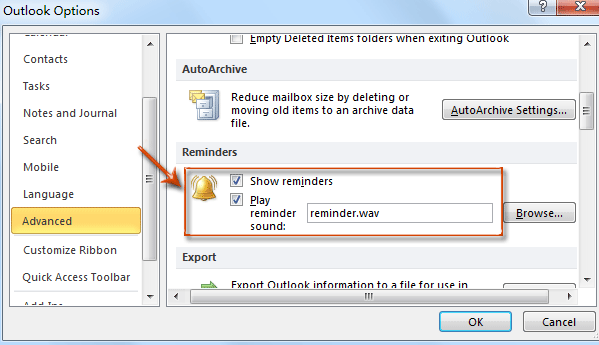 How to turn on / off reminders and reminder sounds in Outlook?