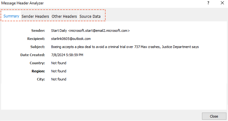 How to view email header information in Outlook?