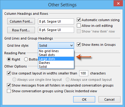 How to view grid lines between email messages in Outlook?