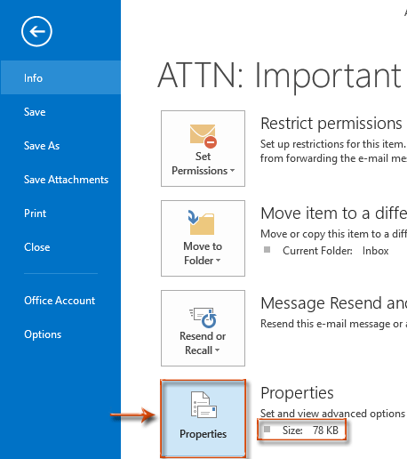 How to view the size and properties of email messages in Outlook?