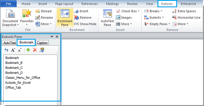 List, update and locate bookmarks in side panel of Word