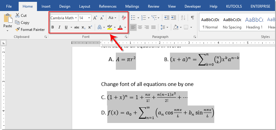 How To change Font Style Of All Equations In Word 