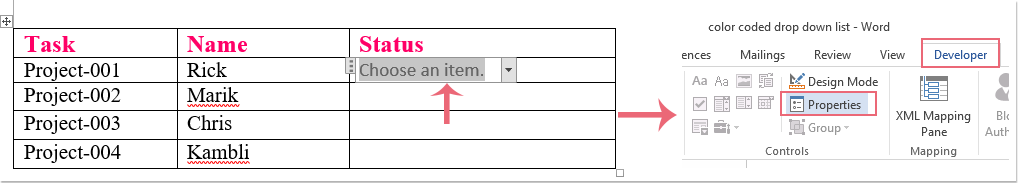 How to insert color coded drop down list in Word table?