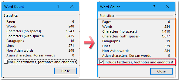 How to count including spaces/footnotes/textboxes or not in Word document?