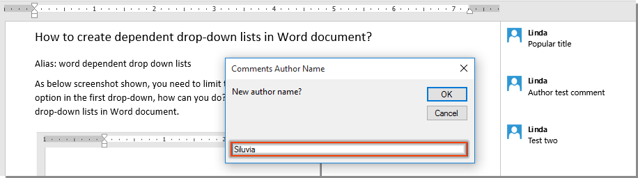 How to change the author name for comment in Word