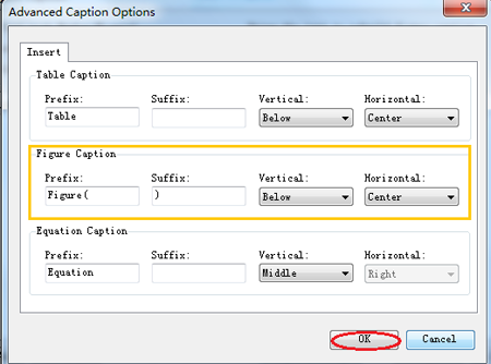 How to convert text to captions for tables, figures, equations in word?