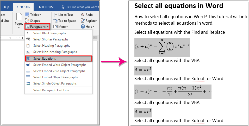 How to select all equations in Word?