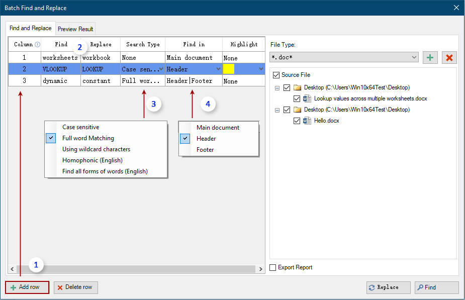 Find and replace texts in Word body, headers and footers