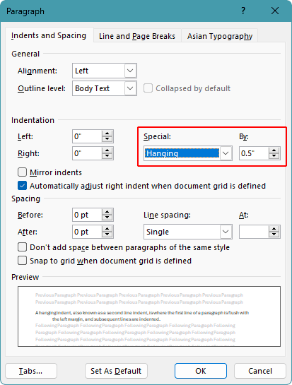 How to create a hanging indent in Word