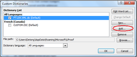 How to export and import multiple custom dictionaries in Word?