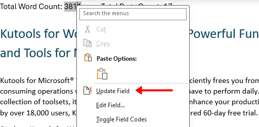 How to insert word count or page count in Word documents?