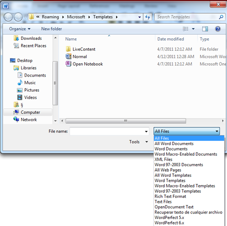 How to open user template location in Word?
