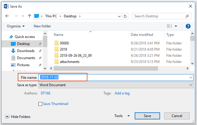 How to save Word document with current date in filename?