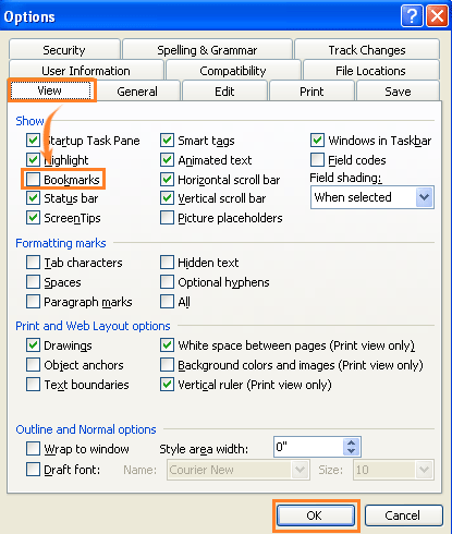 How to quickly show or hide bookmarks in Word?