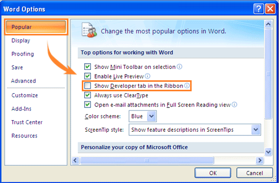 How to show the Developer tab in Word?