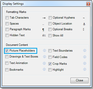 How to show or hide picture placeholders in Word?