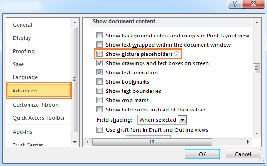 How to show or hide picture placeholders in Word?