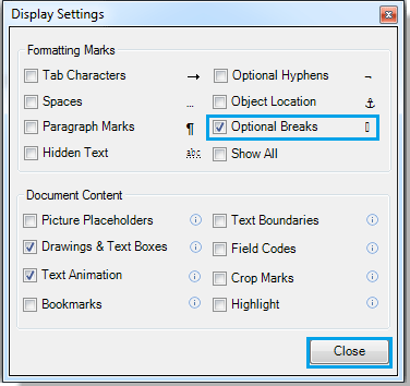 How to hide or show no width optional breaks in Word