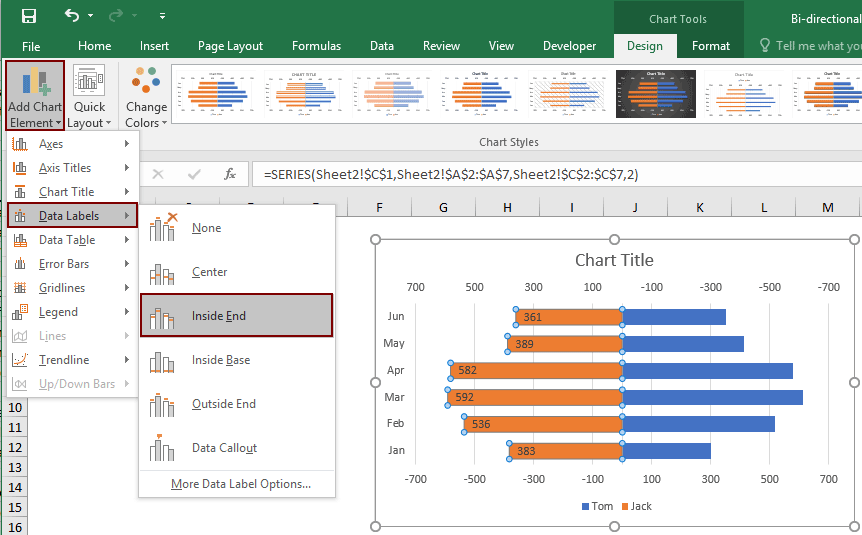 Create a bidirectional bar chart in Excel