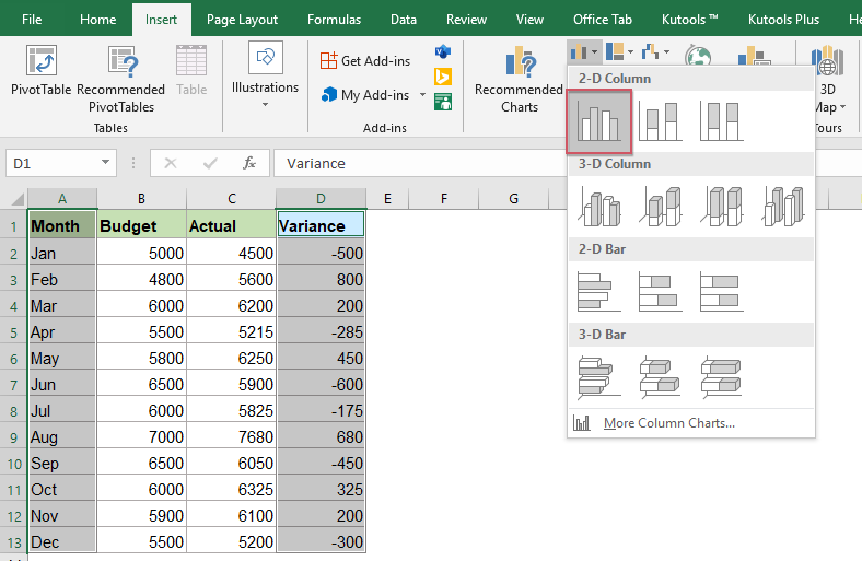 Create Budget vs Actual Variance chart in Excel