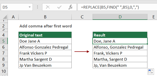 Add Comma After First Word In A Cell In Excel