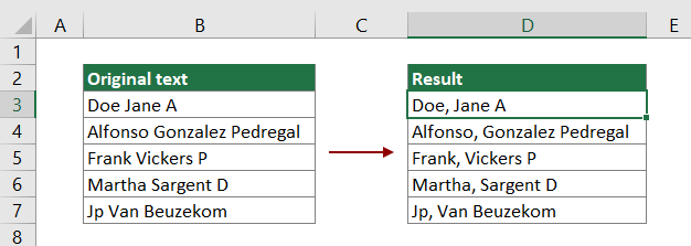 Add comma after first word in a cell in Excel
