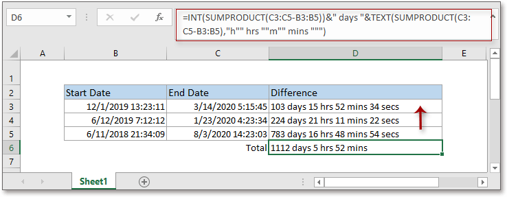 Excel Formula Calculate Days Hours Minutes Seconds Between Two Dates