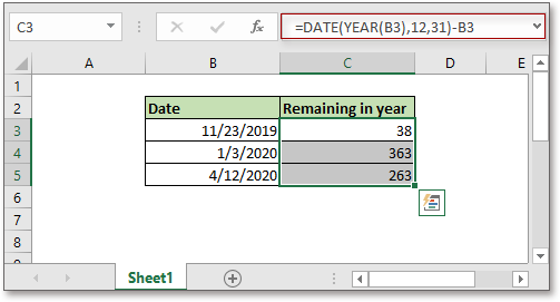 Excel Formula: Calculate days remaining in year