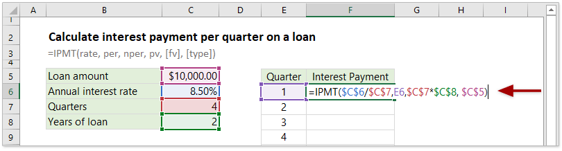 How to calculate interest payments per period or total with Excel formulas?