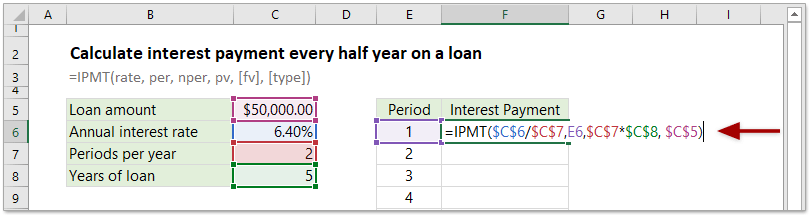 How to calculate interest payments per period or total with Excel formulas?